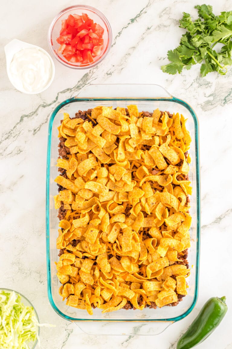 Quick and Easy Walking Taco Bake (Taco Casserole) - Kitchen Divas